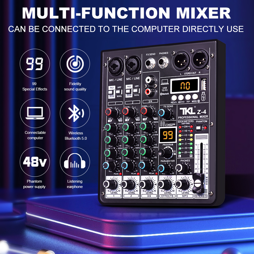TKL 4 Channel 99 DSP Audio Mixer 48V Phantom Power USB Studio Sound ...