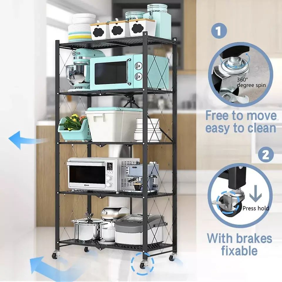 5-Tier Heavy Duty Foldable Metal Rack Storage Shelving Unit with Wheels ...