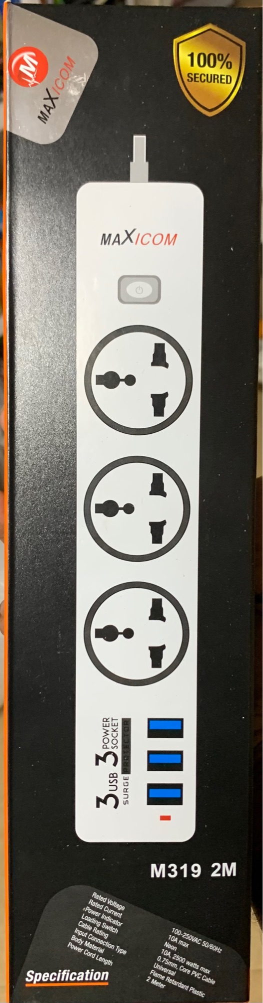 MAXICOM PREMIUM PORTABLE POWER STRIP Copper Cable Sockets 3 USB With 3 ...