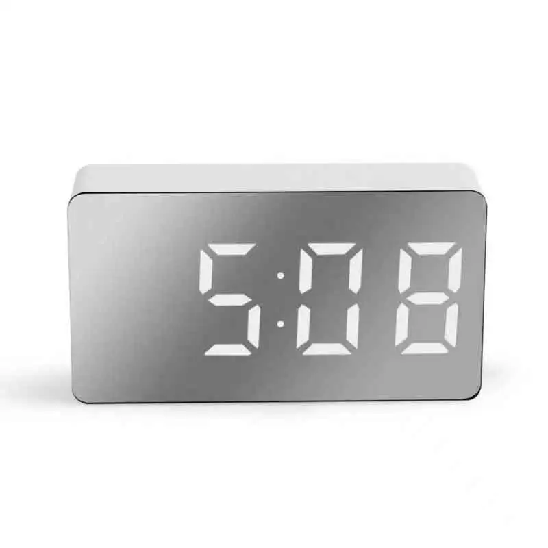 1Pc White LED Mirror Table Clock Snooze Display Time Night Light ...