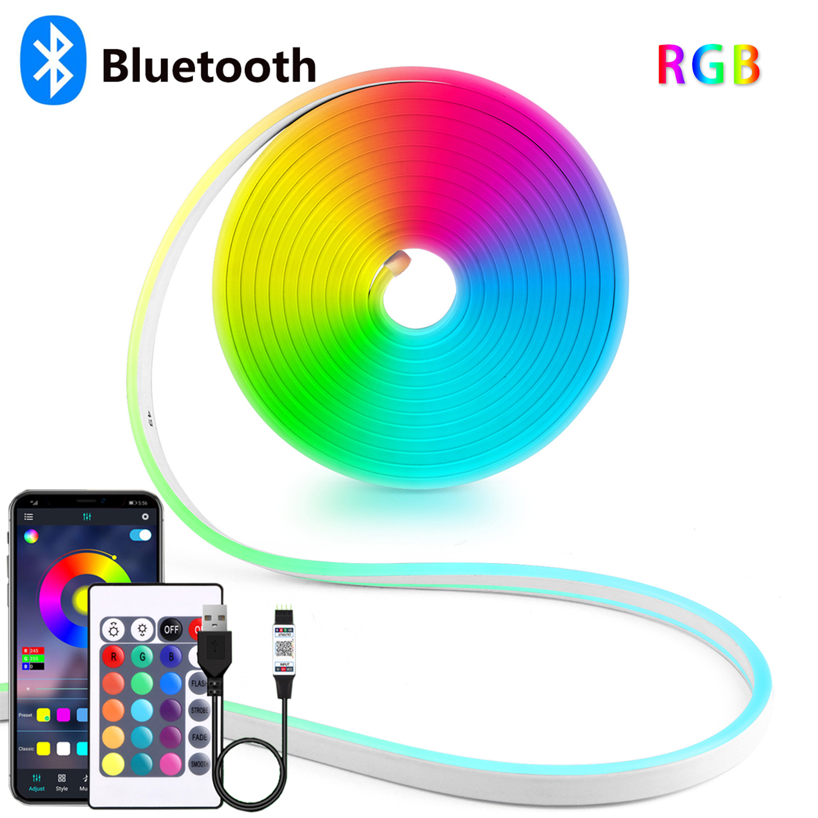 DC5V USB RGB Neon LED Strip, 1/2/3/4/5M IP65 Waterproof Neon Strip Bluetooth App and Remote ...