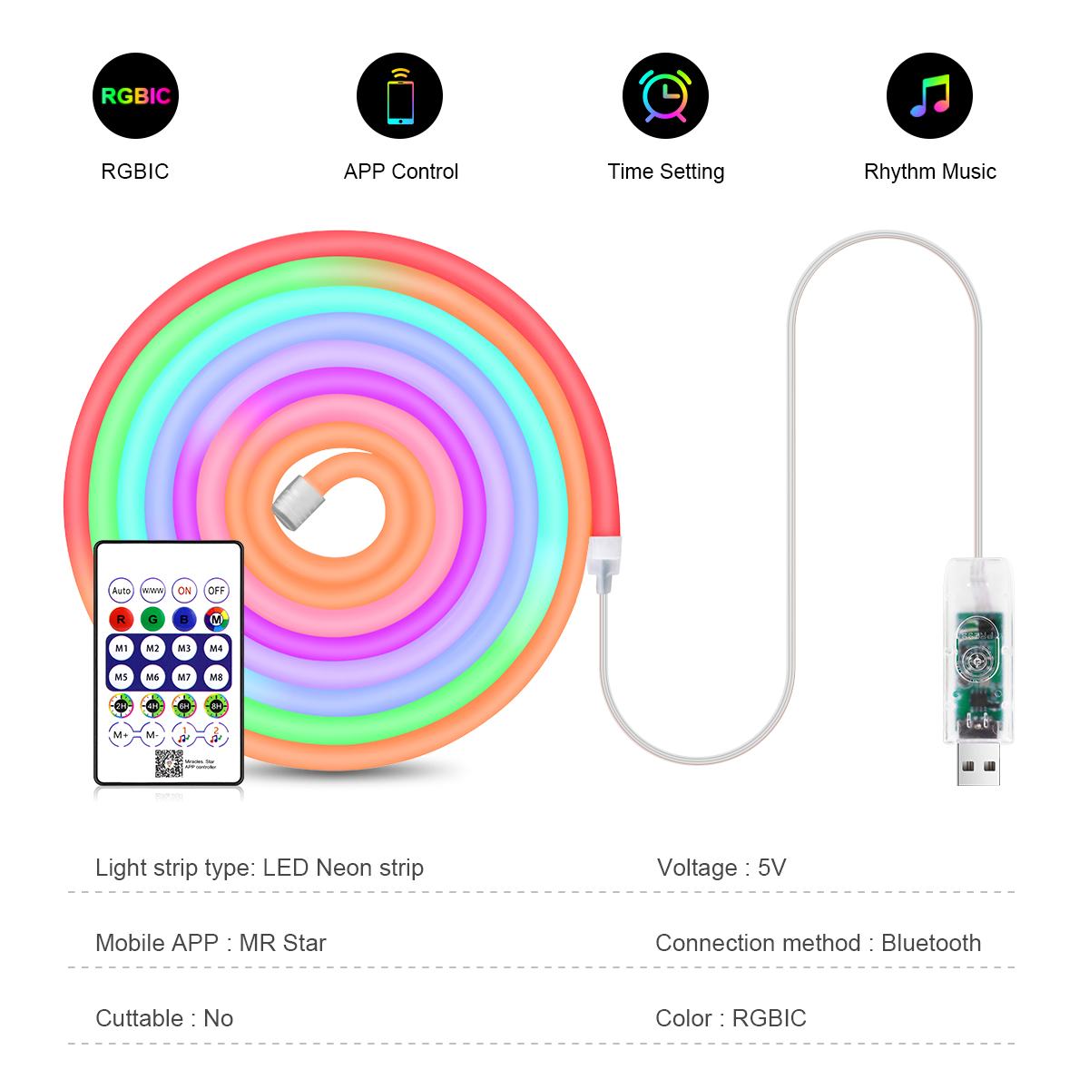 DC5V USB RGBIC Neon LED Strip Light 5M WS2812 Waterproof Neon Sign Tape ...