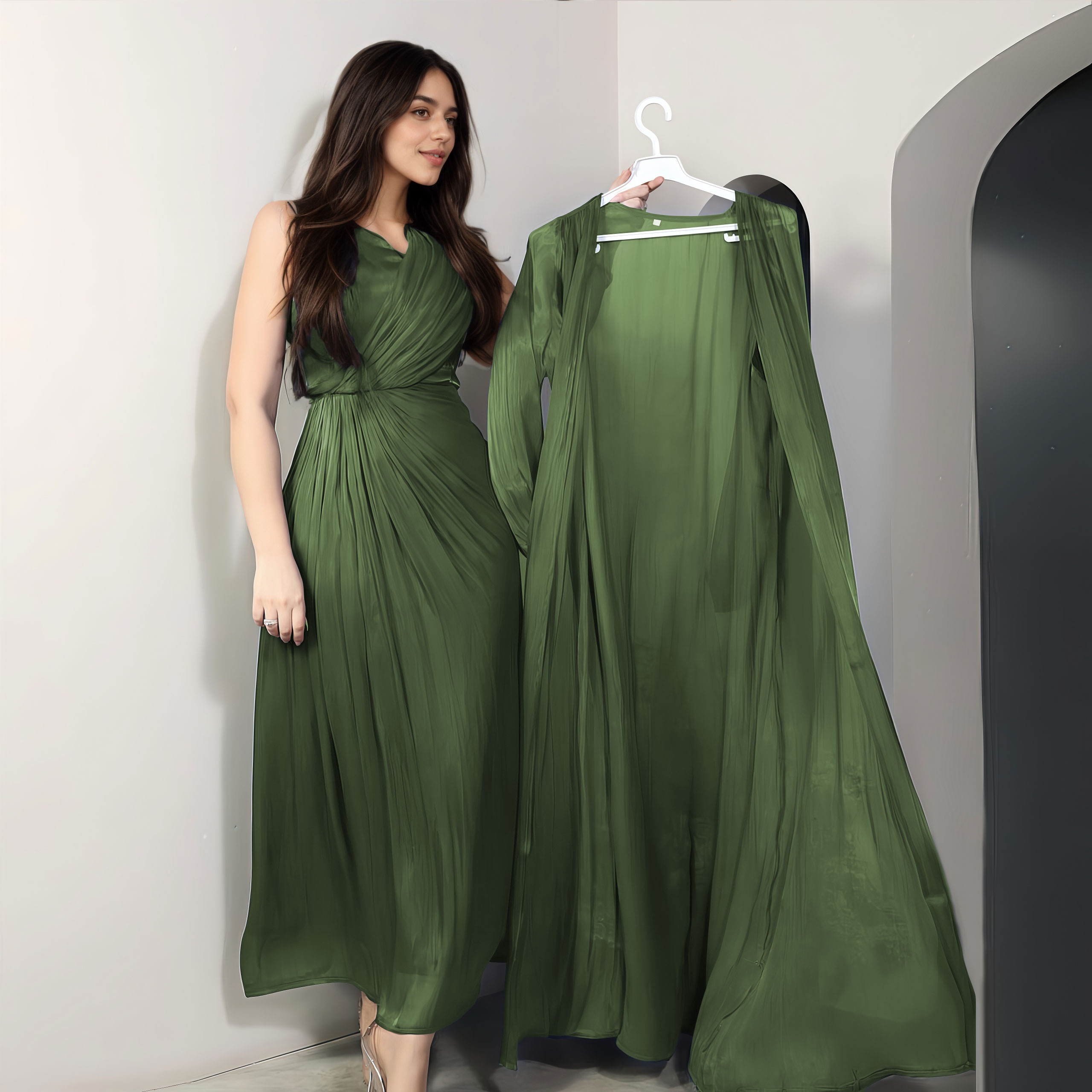 Dubai Olive Blue Elegant Two piece Set Sleeveless Draped Evening Maxi ...