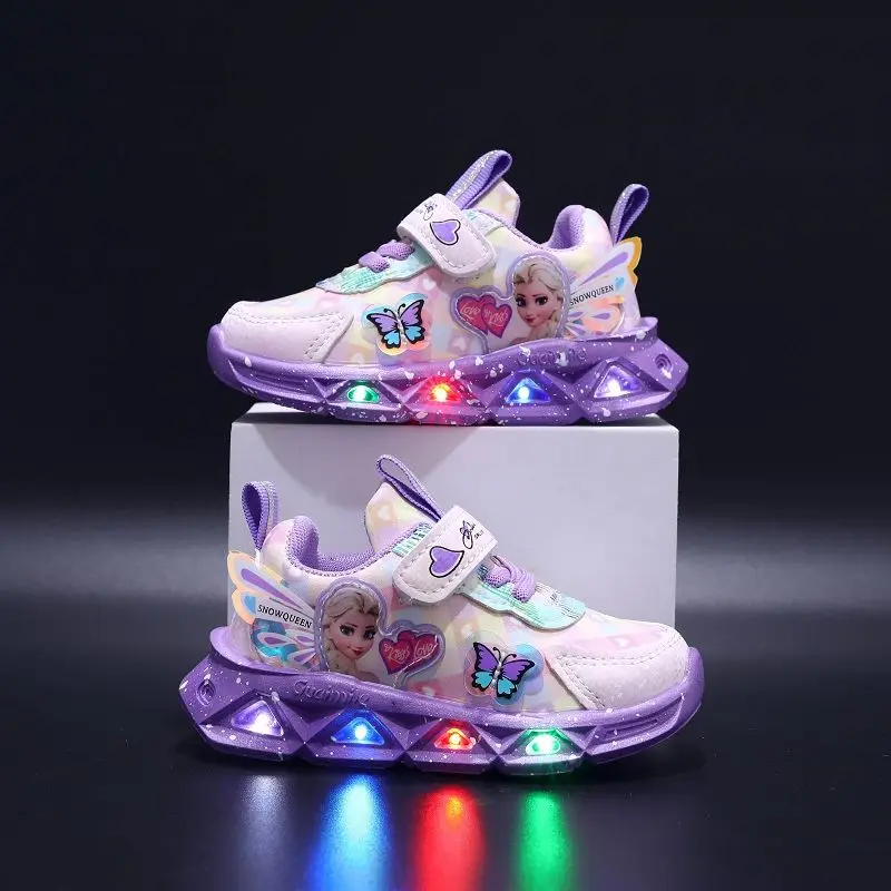 Disney LED Casual Sneakers For Spring Girls Frozen Elsa Princess Print ...