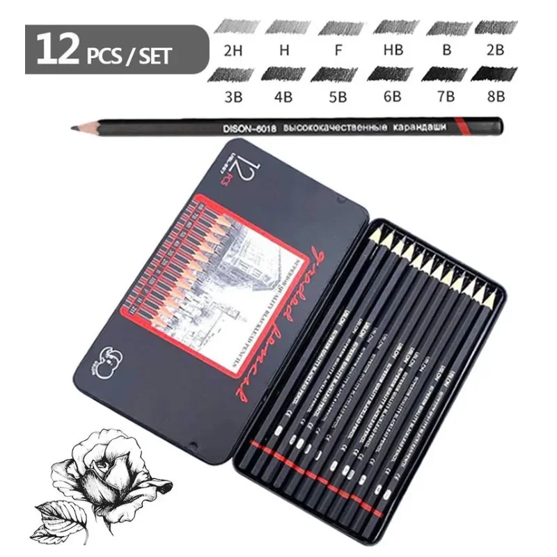 12pcs/set Drawing Pencil Pre-sharped Metal Box Packed 2H-8B Graphite ...