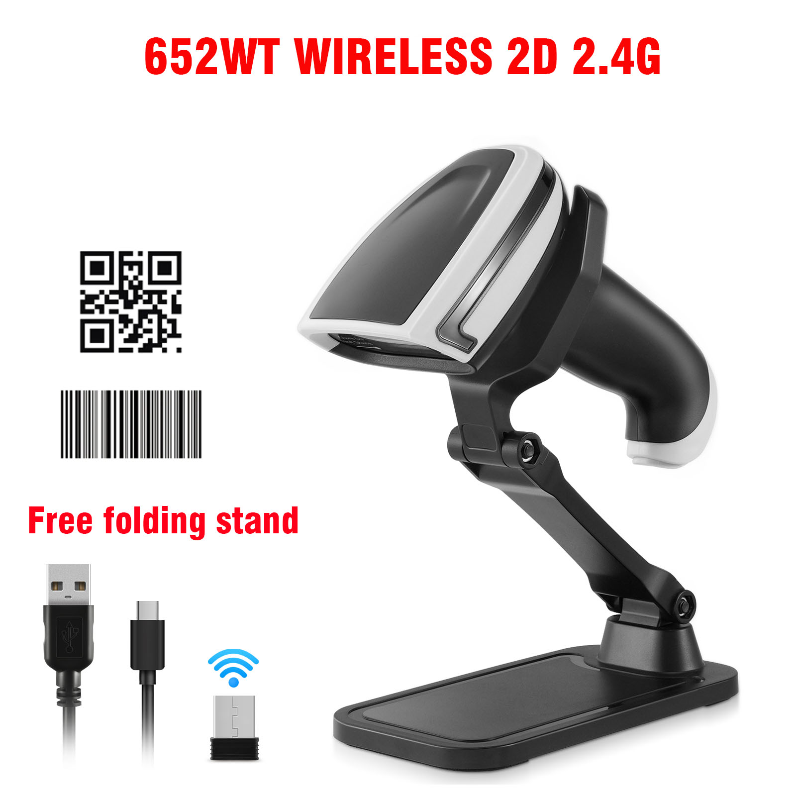 JRHC Handheld 2D Barcode Scanner USB QR Code Scanner Wired Automatic 1D ...