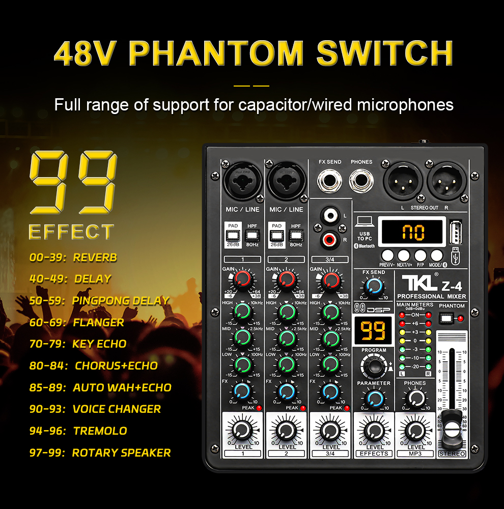 TKL 4 Channel 99 DSP Audio Mixer 48V Phantom Power USB Studio Sound ...