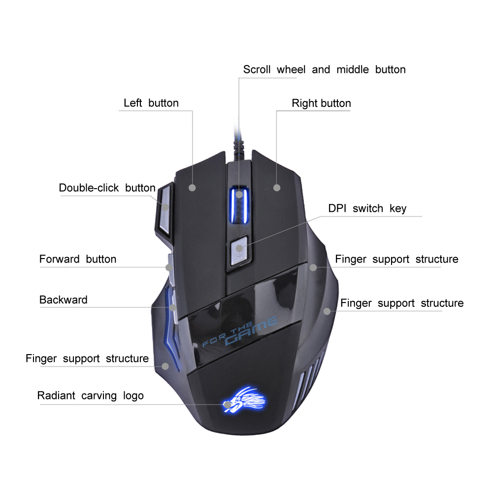 USB Wired Gaming Mouse 7 Button Backlit Ergonomic Mice 5500 DPI Backlight Adjustable Optical ...