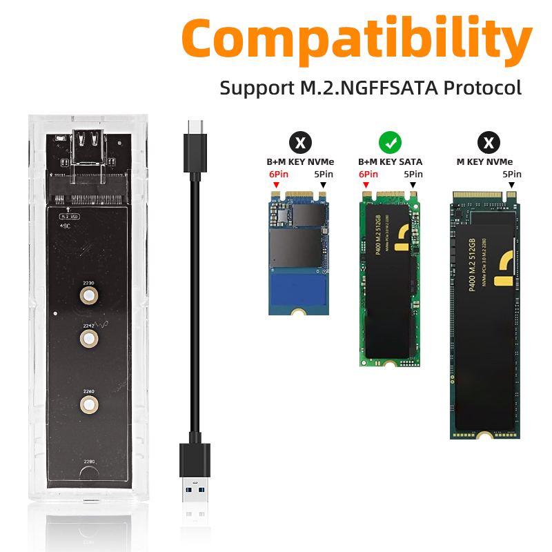 M.2 NVME PCIe NGFF SATA Dual Protocol SSD Case Clear USB Type C 10Gbps PCI-E M2 SSD Transparent ...