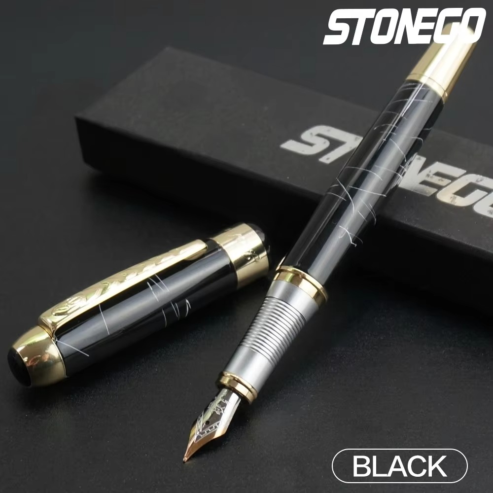 STONEGO 0.38mm Extra Fine Nib Fountain Pen, Black Metal Calligraphy ...