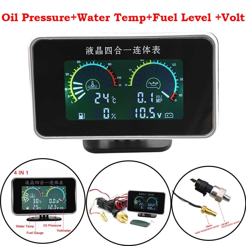 4 In 1 LCD Car Digital Oil Pressure Gauge Voltmeter Fuel Level Meter 1/ ...