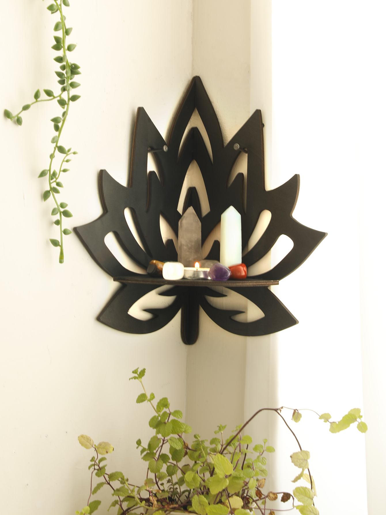 Lotus Crystal Corner Shelf Crystal Shelf Display Black Wooden Wall ...