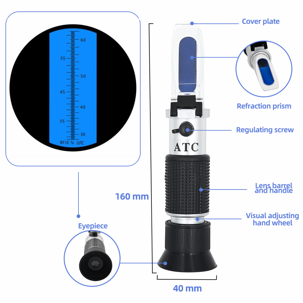 28-62% Sugar Meter Brix Refractometer Handheld High Concentration ATC Densimeter For Beer Wine ...