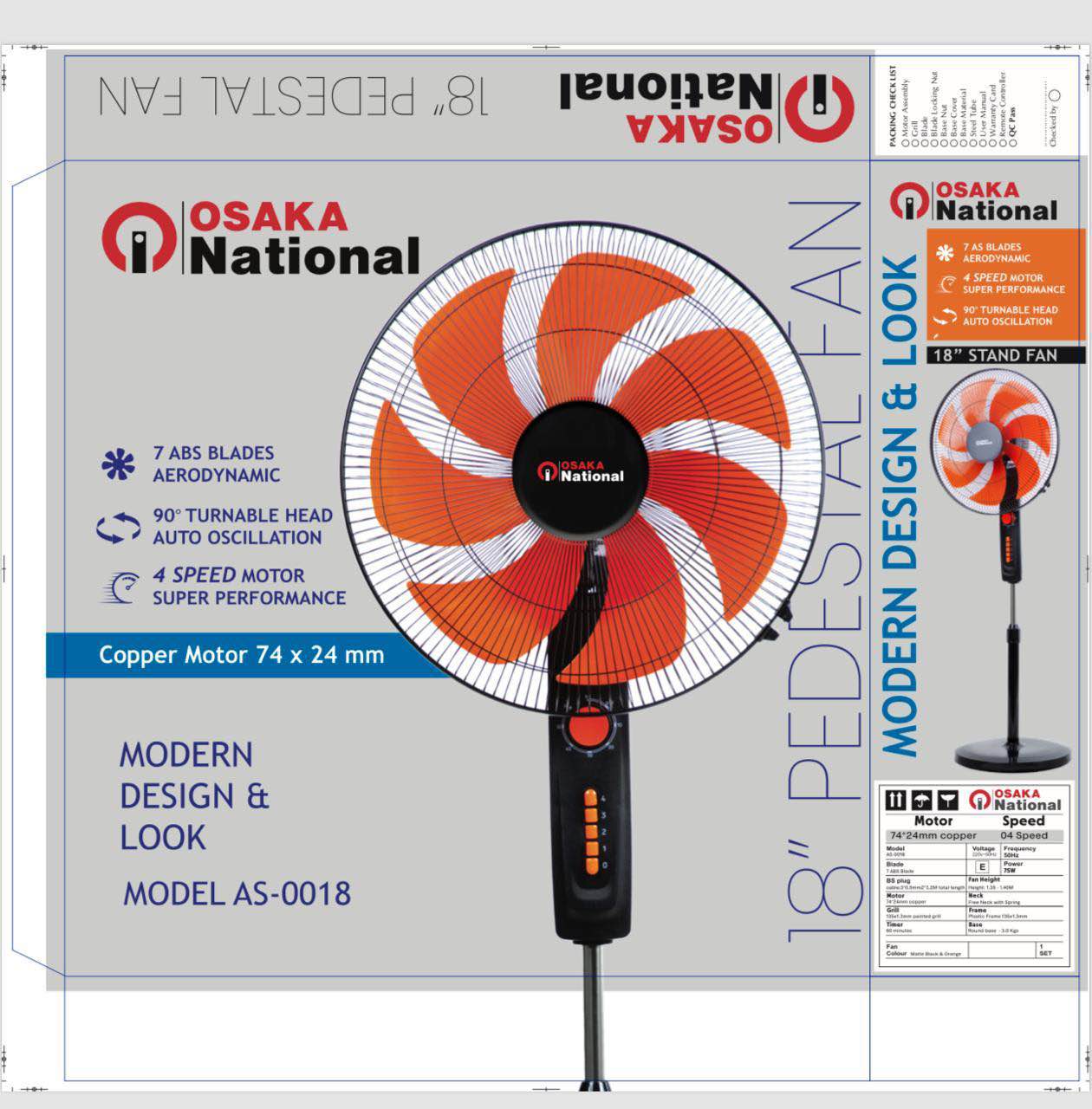 Osaka National 18” 16" Stand Fan Cooper Motor 5 Blade 01 year Company ...