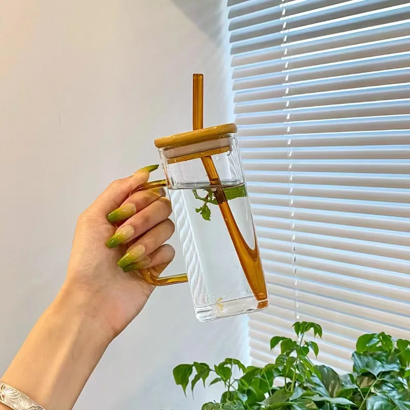 Clear Drinking Glasses Square Glass Cup with Bamboo Lid Colorful Glass ...
