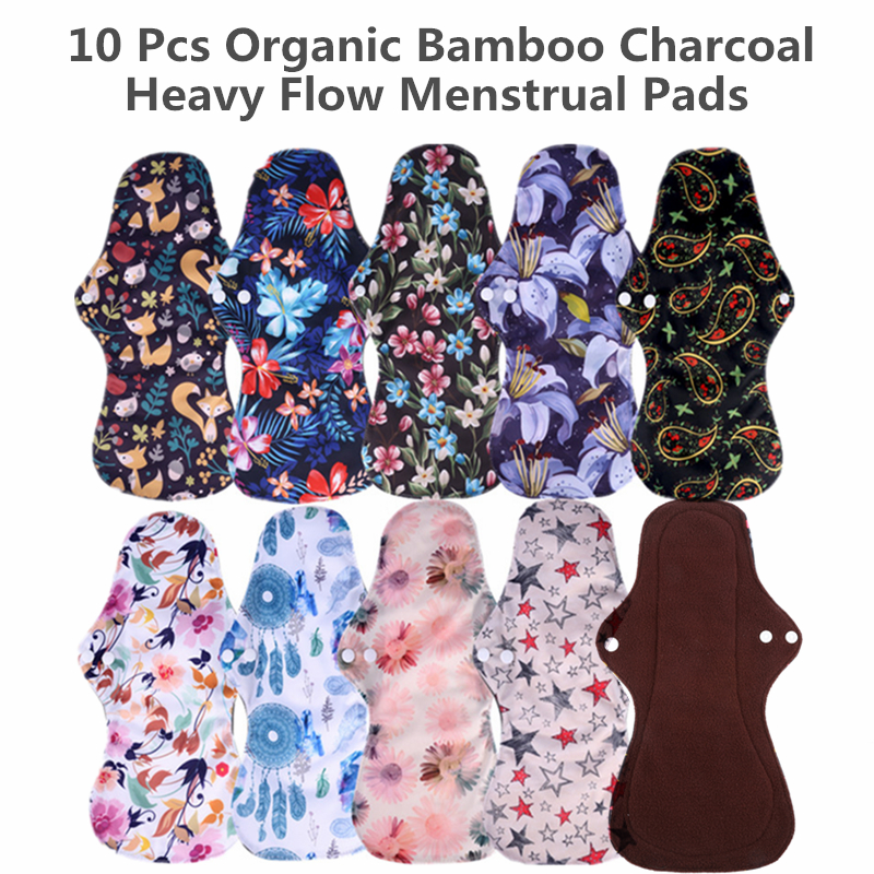 10pcs Organic Bamboo Charcoal Washable Hygiene Menstrual Pads Heavy ...