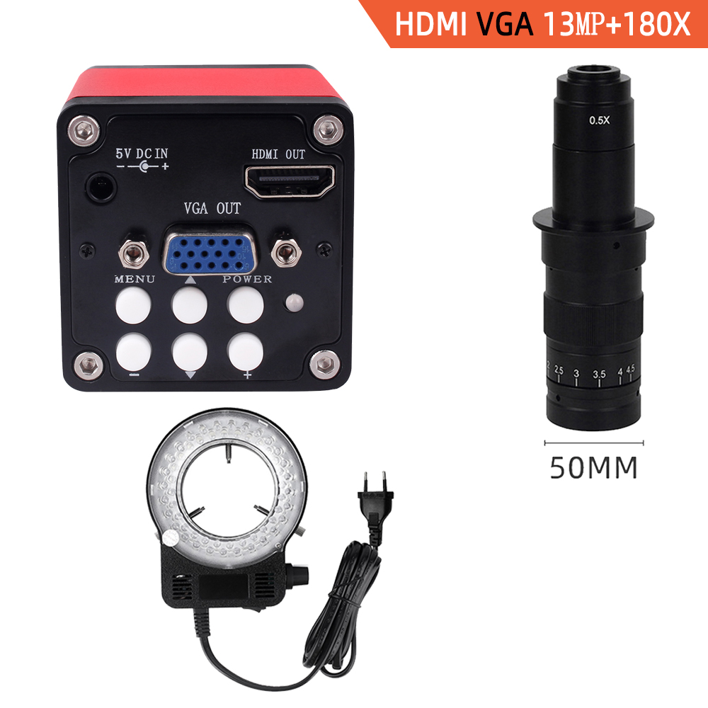 VGA HDMI 13MP Microscope Video Camera Set Monocular+130/180x Adjustable ...