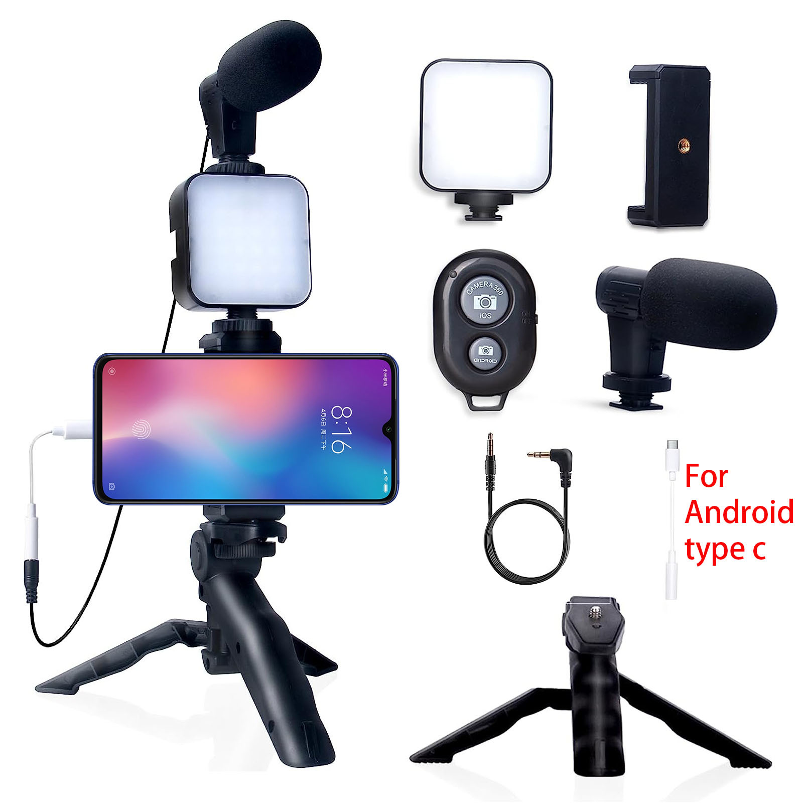Smartphone Vlogging Kit for iPhone Android with Tripod Mini Microphone ...